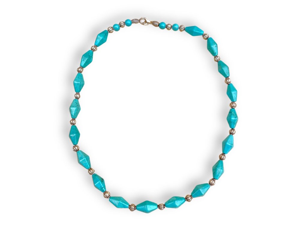A Necklace Of Turquoise Rhombus Beads And Small Silver Plated Patterned ...